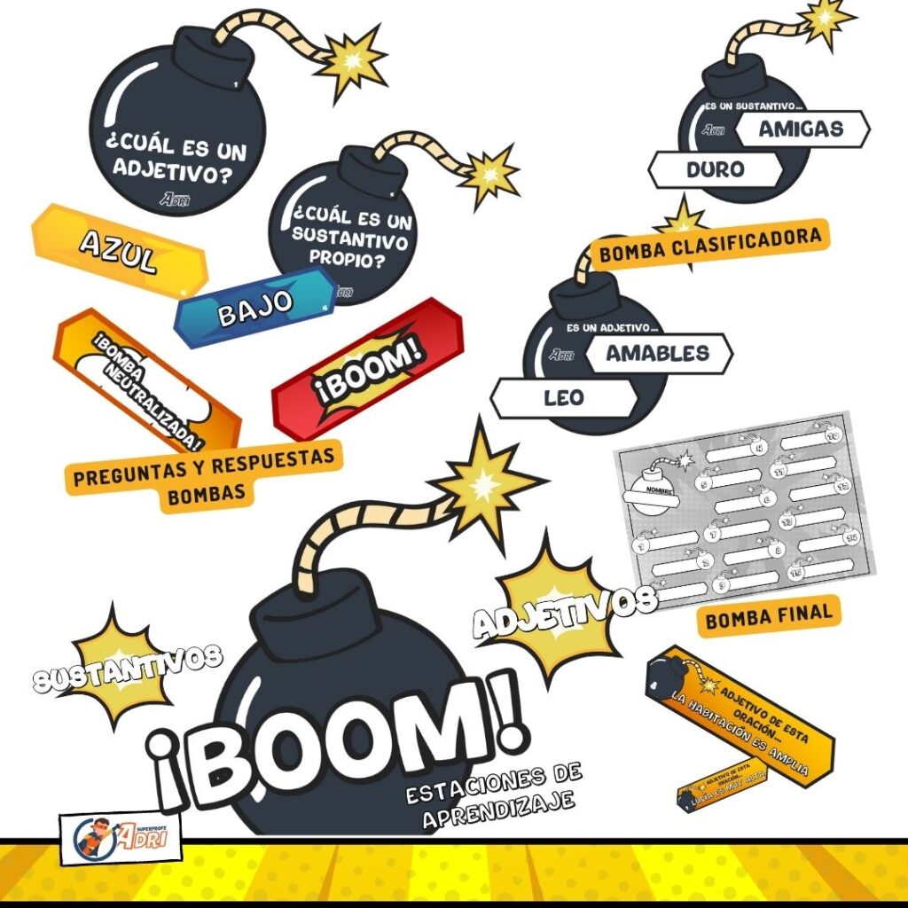 ¡BOOM!: ESTACIÓN DE APRENDIZAJE - SUSTANTIVOS Y ADJETIVOS - Aula en Juego